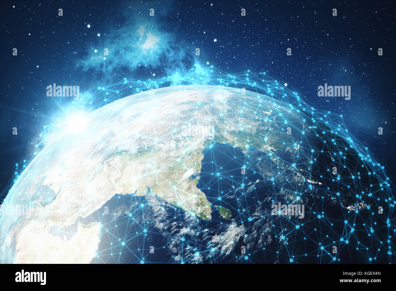 3D Rendering Global Network Background. Connection Lines with Dots Around Earth Globe. Global ...