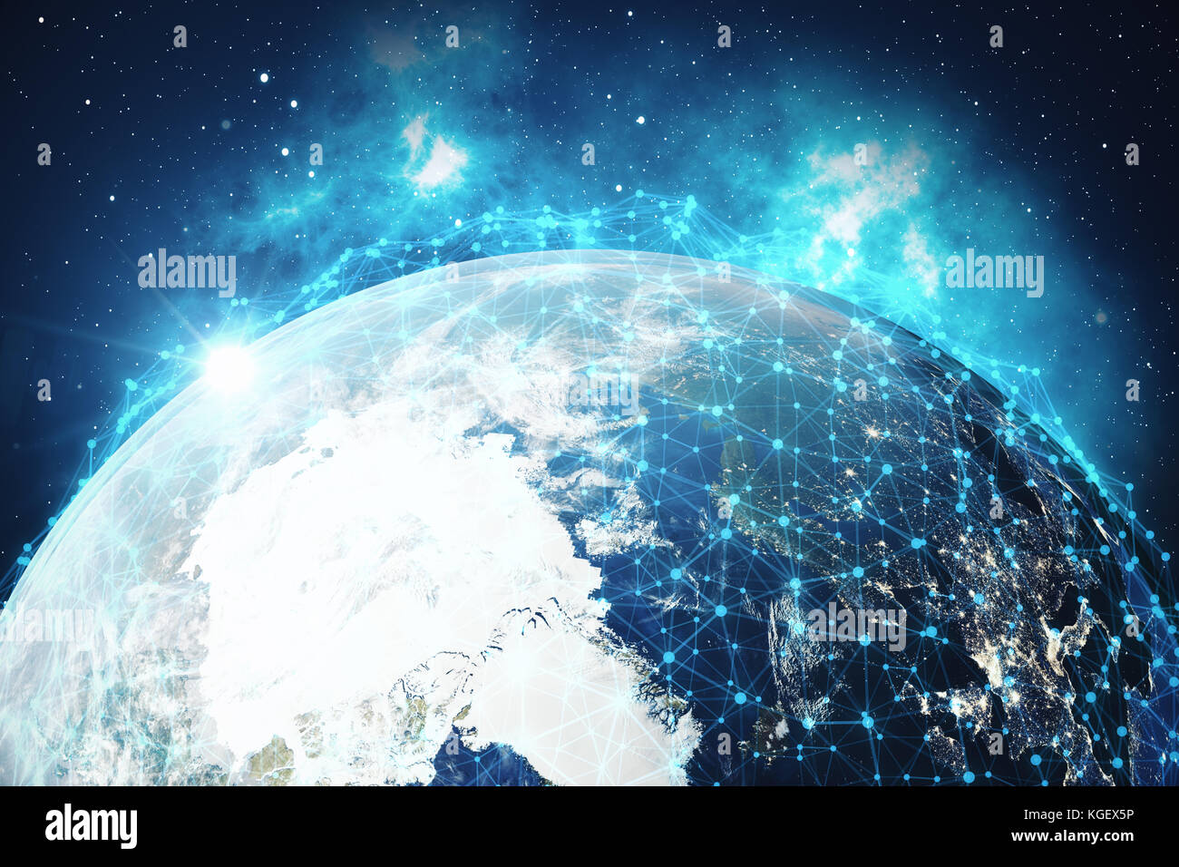 3D rendering Network and data exchange over planet earth in space ...