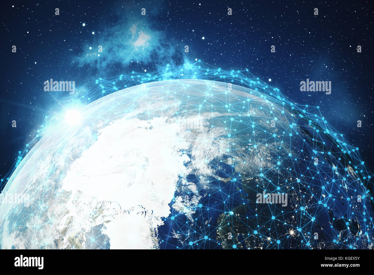3D rendering Network and data exchange over planet earth in space ...