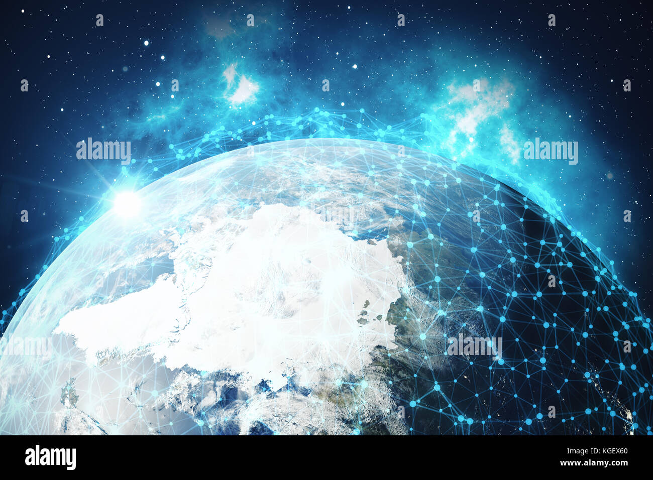 3D Rendering Global Network and Data Exchange. Connection lines Around ...