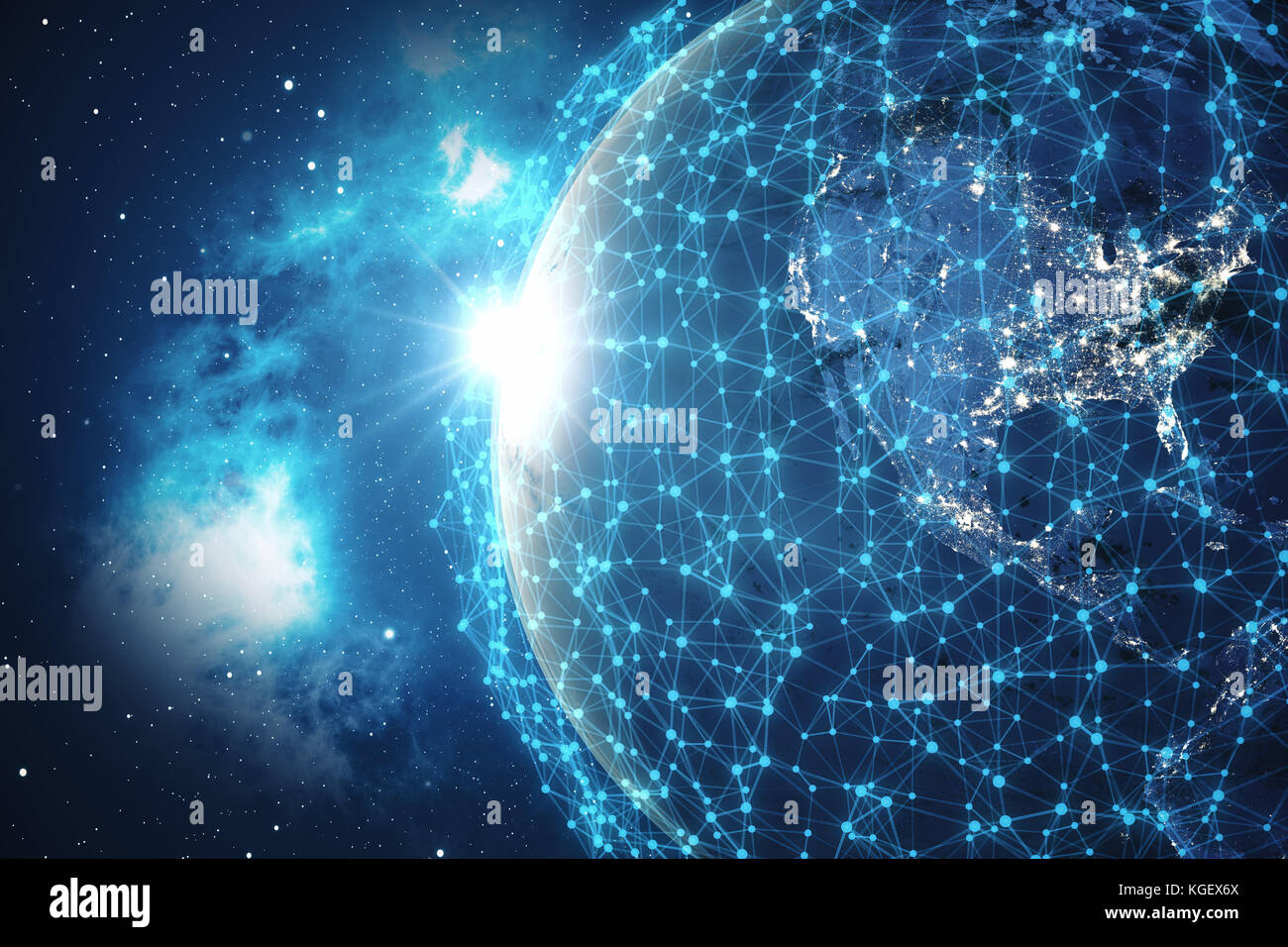 3D Rendering Global Network Background. Connection Lines with Dots Around Earth Globe. Global ...