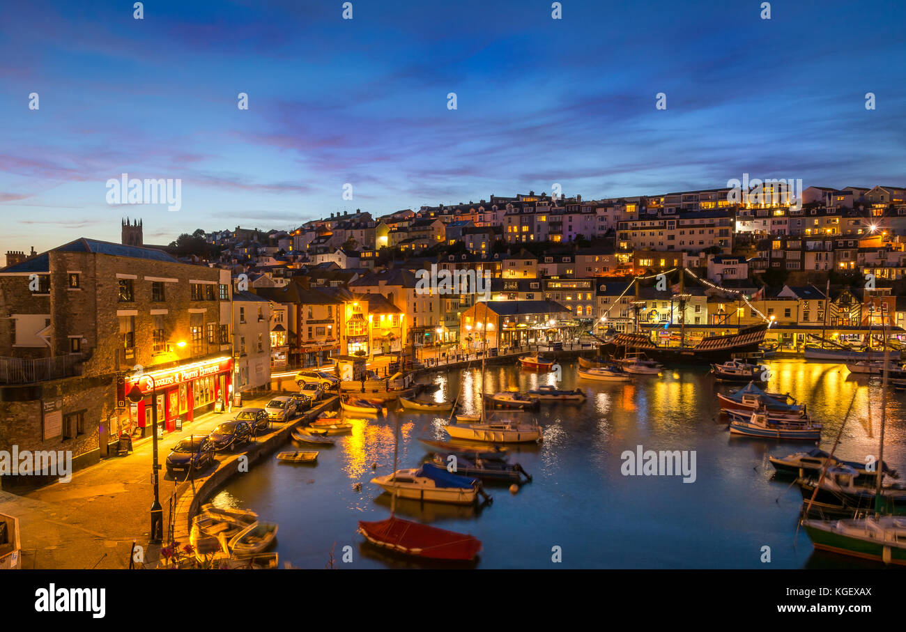 Brixham Harbour By Night Stock Photo - Alamy