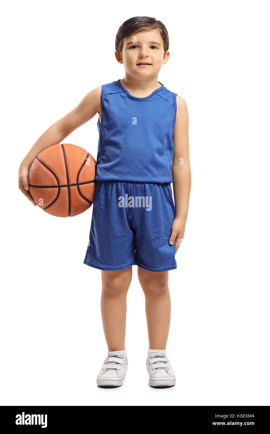 Full length portrait of a little basketball player isolated on white ...