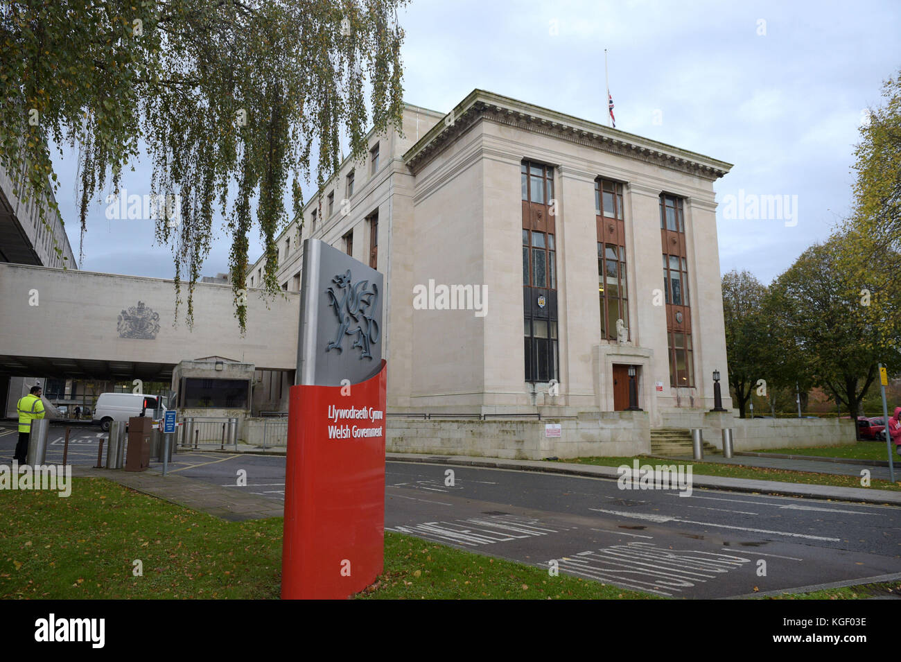 The union flag flies half mast above welsh government building hi-res ...