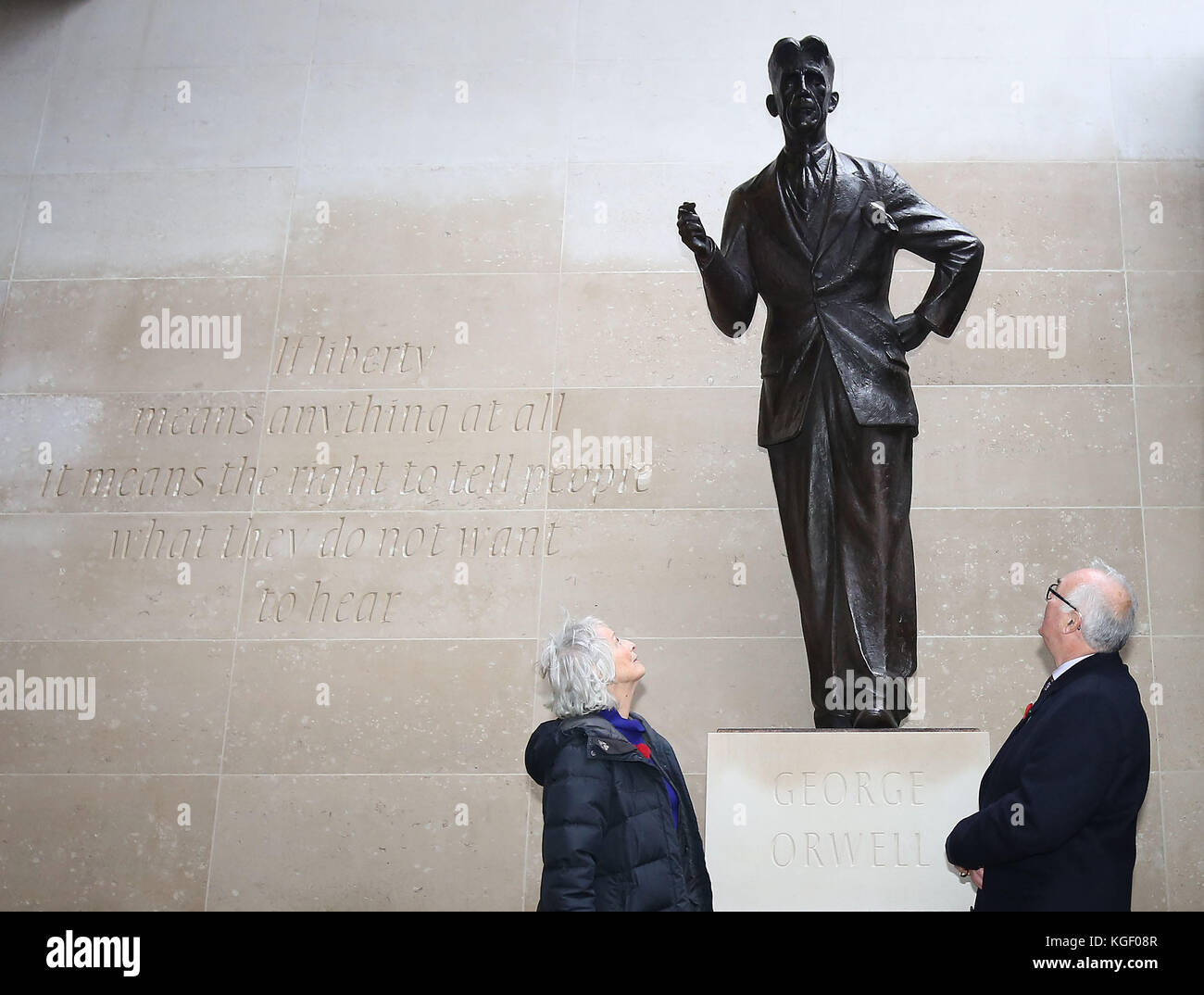 Baroness Whitaker and Richard Blair at the unveiling of a bronze statue ...