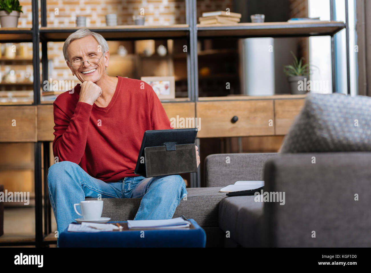 Delighted elderly man feeling happy Stock Photo - Alamy