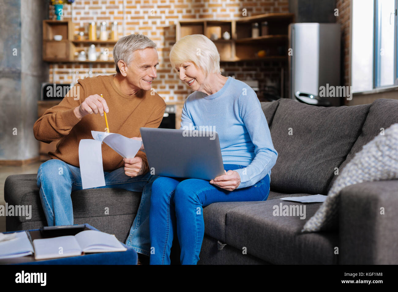 Positive elderly couple working together Stock Photo - Alamy