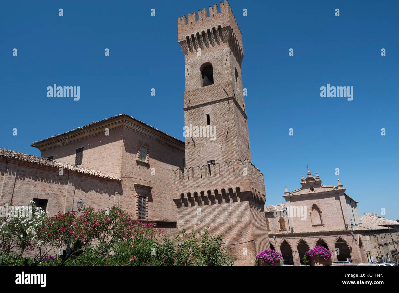 Ostra (Ancona, Marches, Italy): the historic town at morning. Tower ...
