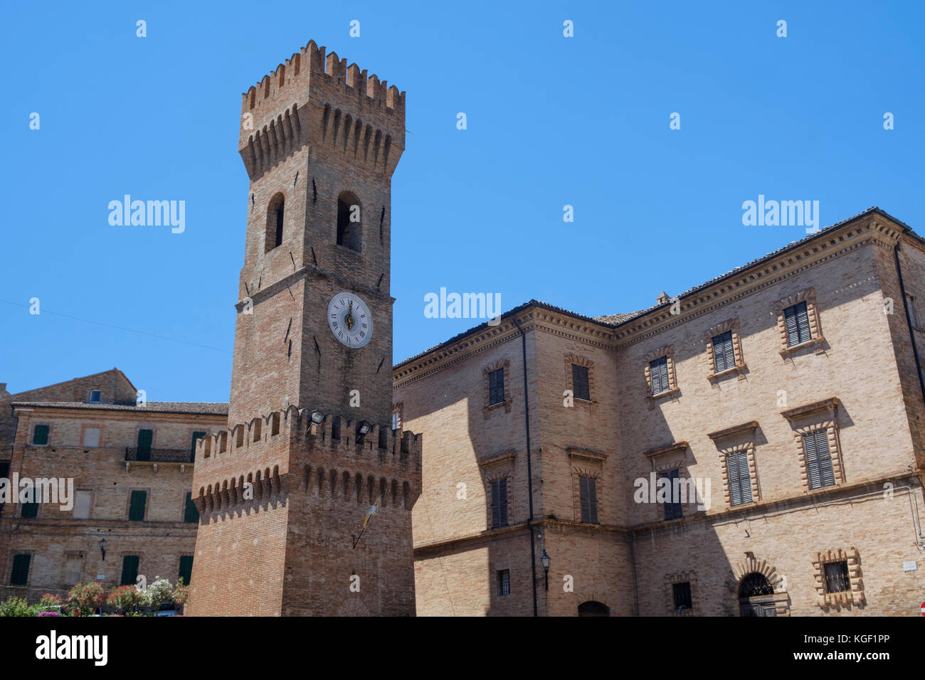 Ostra (Ancona, Marches, Italy): the historic town at morning. Tower ...