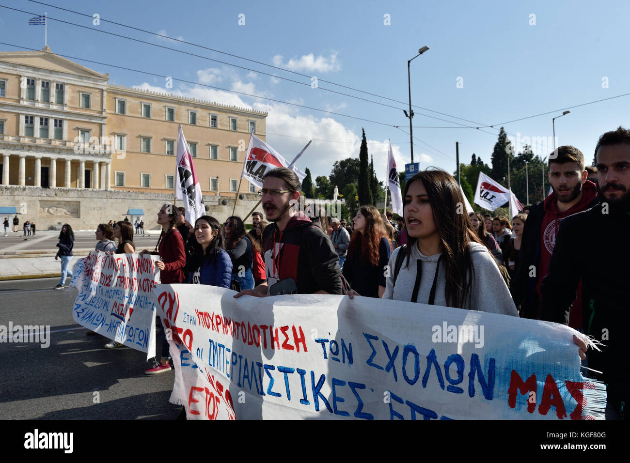 Athens, Greece. 7th Nov, 2017. Students march in front of the Greek ...