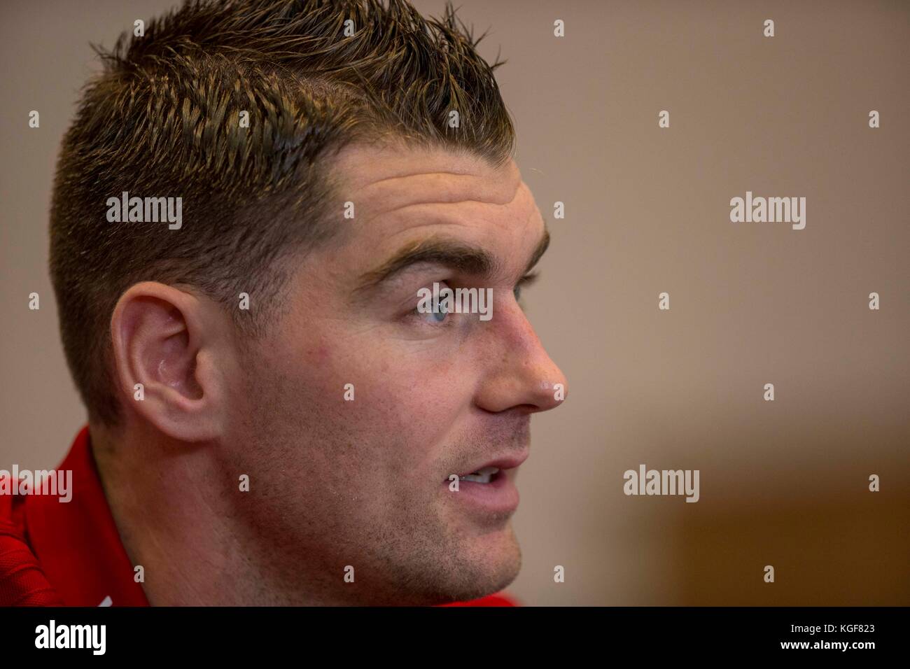 Hensol, Wales, UK. 7th Nov, 2017. Sam Vokes of Wales faces the press ...