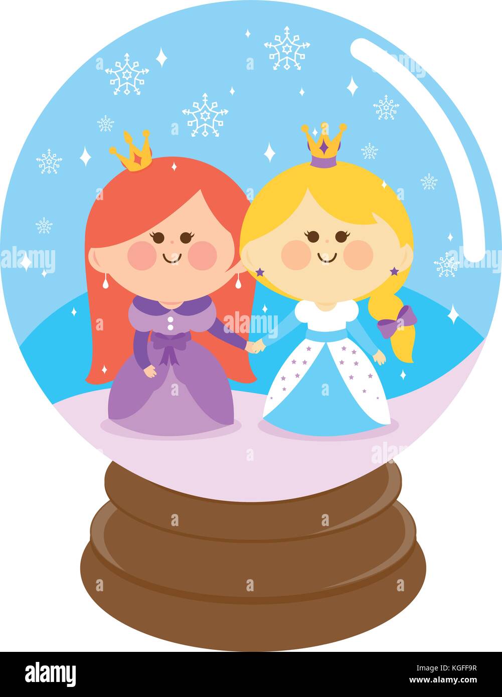 Beautiful frozen princesses in a snow globe. Winter cold landscape with ...
