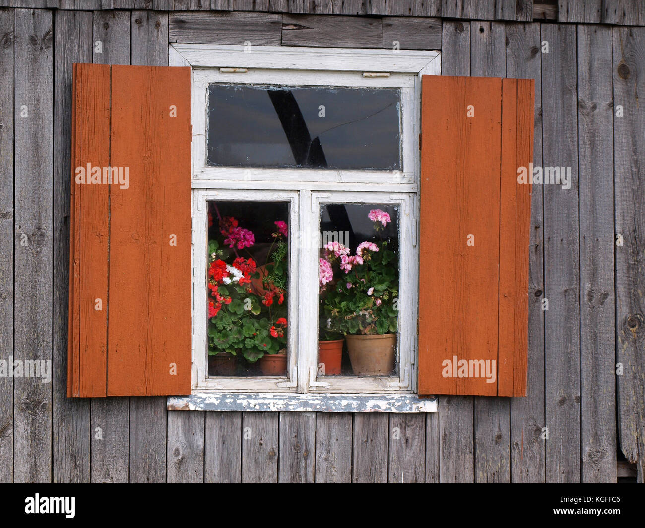 Window with red shutters on uncolored old wooden house Stock Photo - Alamy