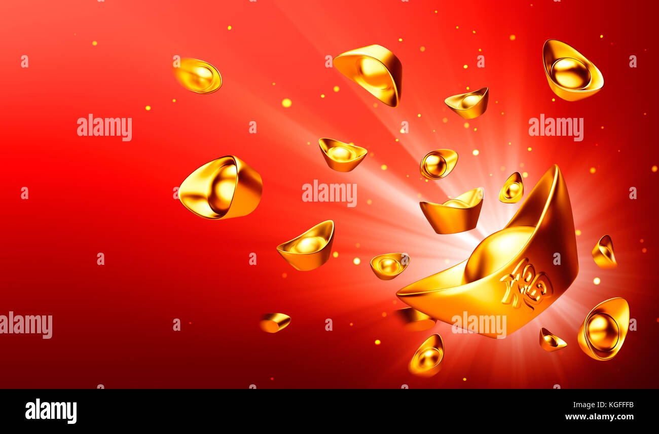 Chinese gold sycee ( yuanbao ) on red background, Chinese calligraphy ...
