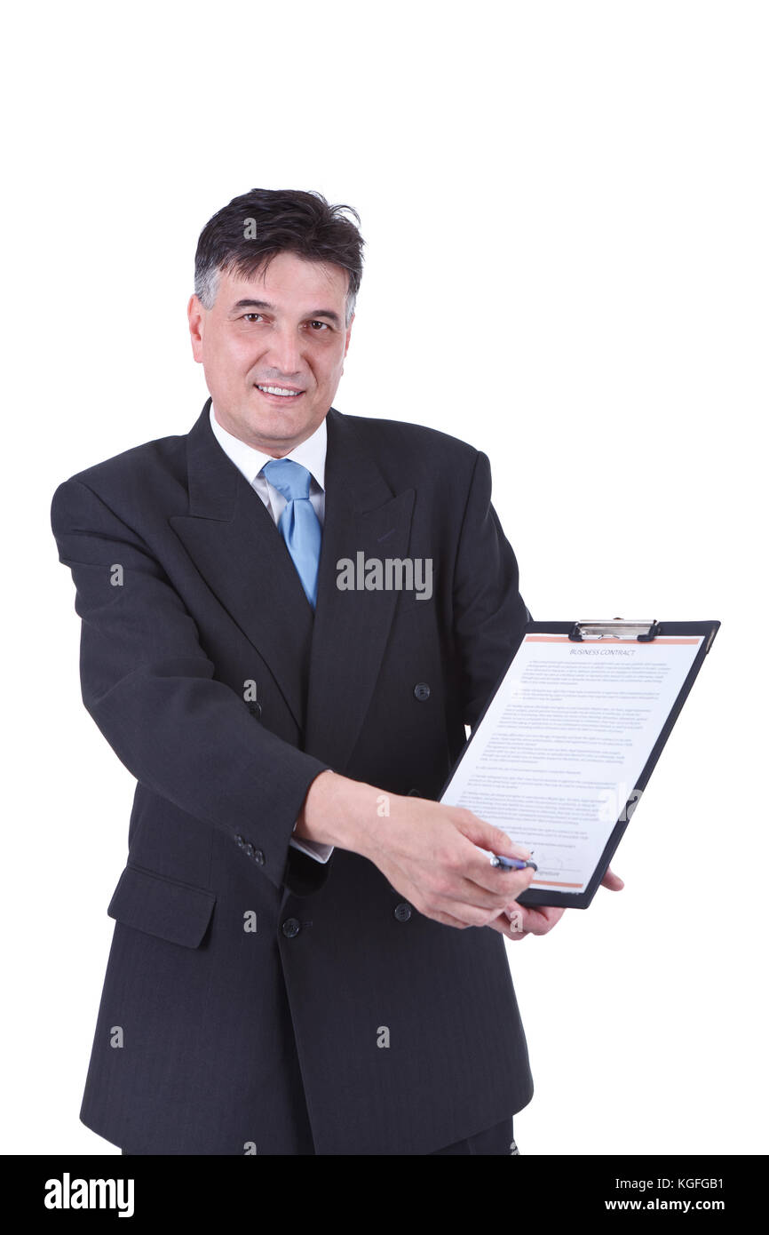 senior businessman showing contract ready for signing, isolated on ...