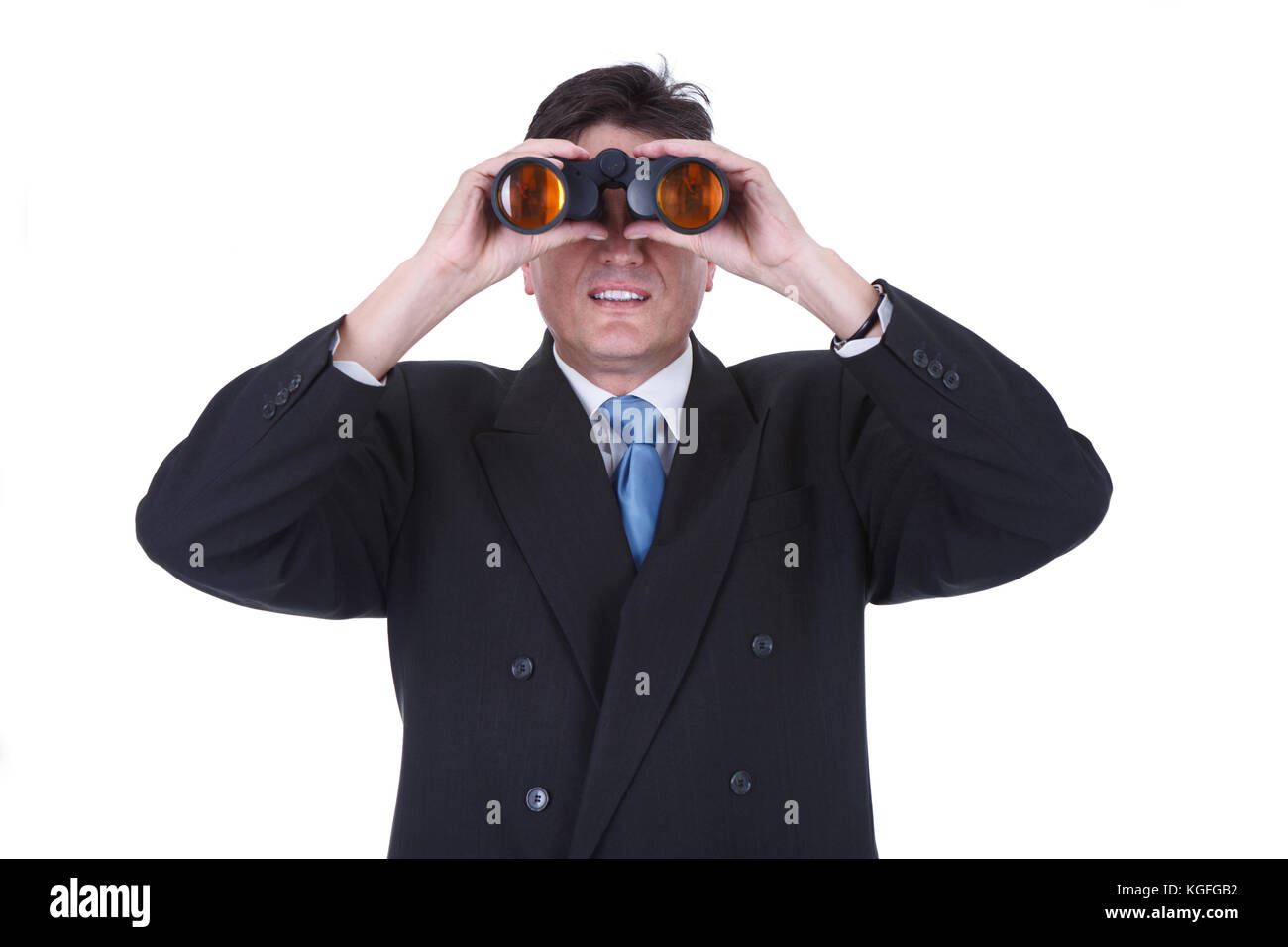 Senior man observing through binoculars isolated over white background ...