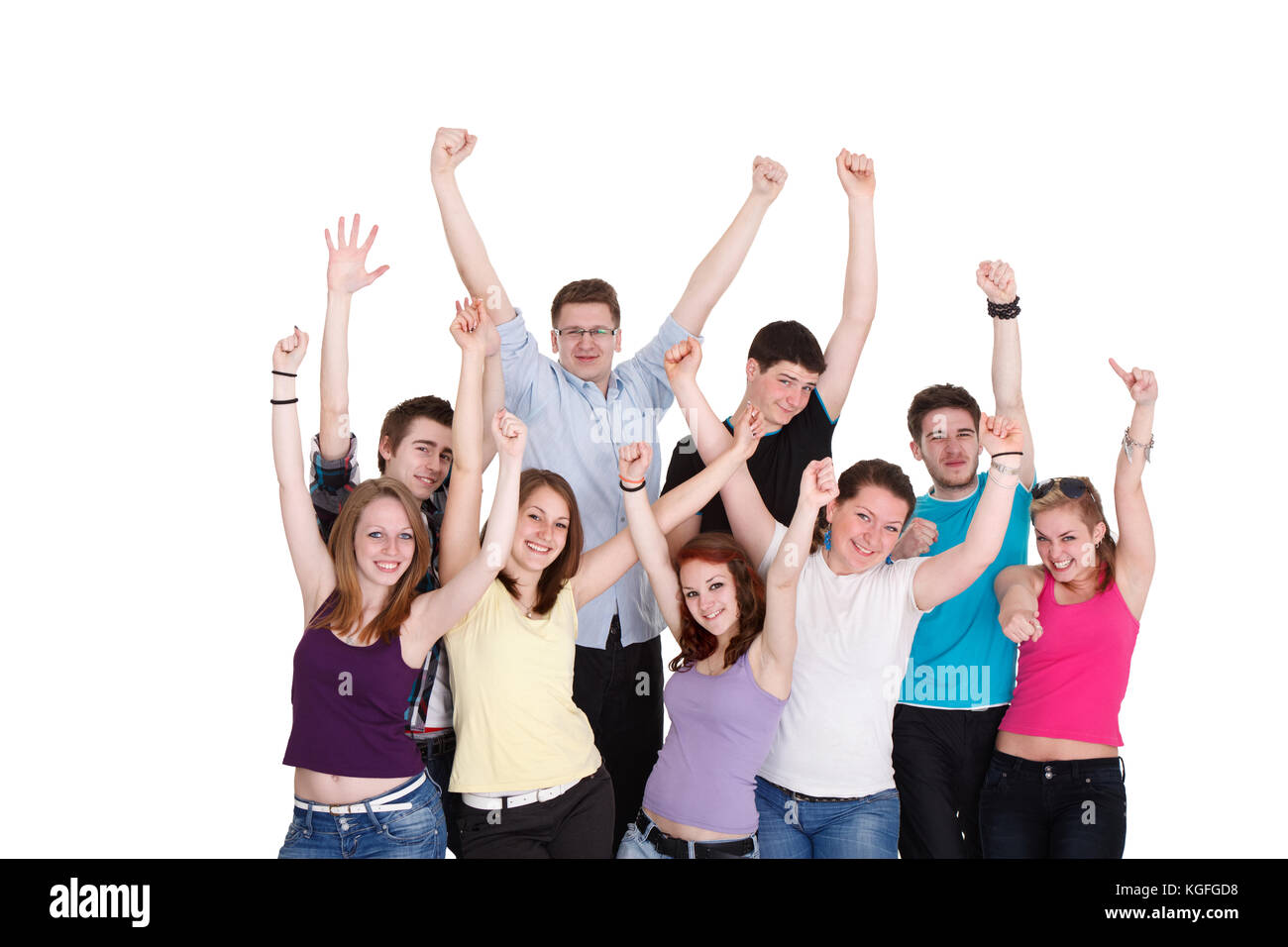 Group of happiness young people with hands up Stock Photo - Alamy