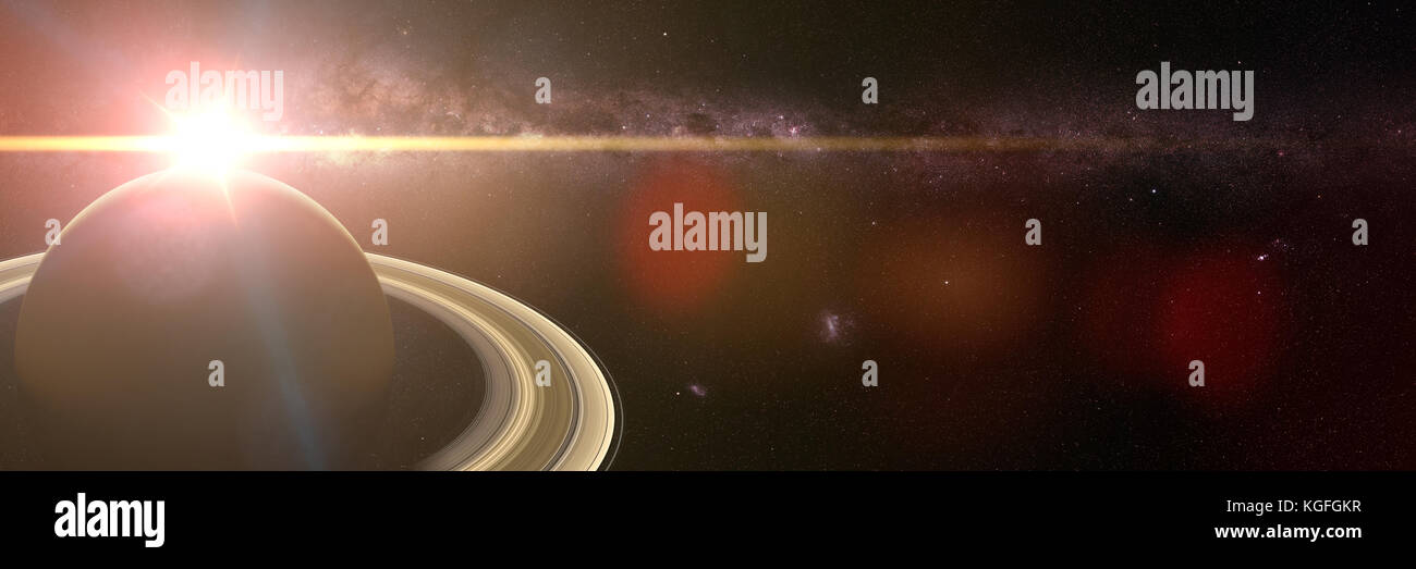beautiful sunrise over the planet Saturn with Milky Way galaxy in ...