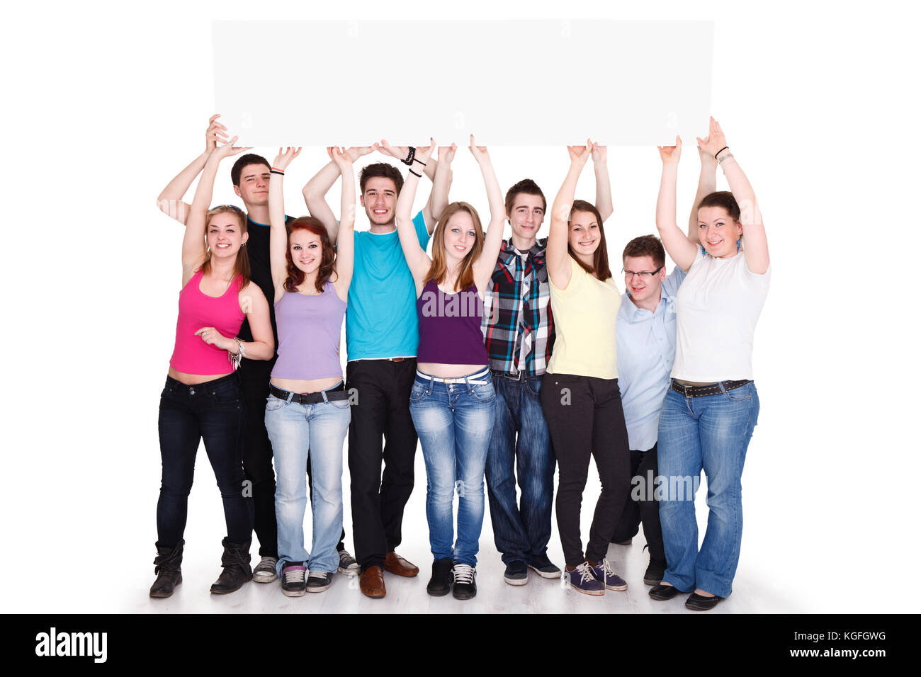Happy group people holding banner hi-res stock photography and images ...