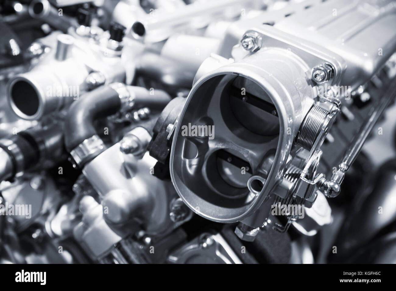 Shiny motor parts, V12 engine, closeup photo with selective focus Stock ...