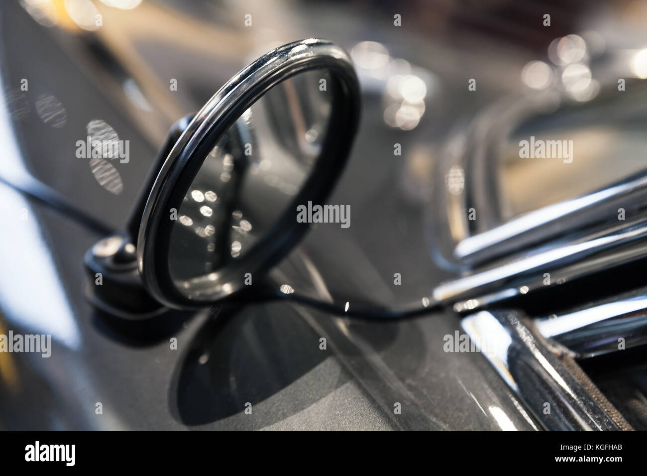 Round mirror. Luxury vintage car fragment, close up photo with ...