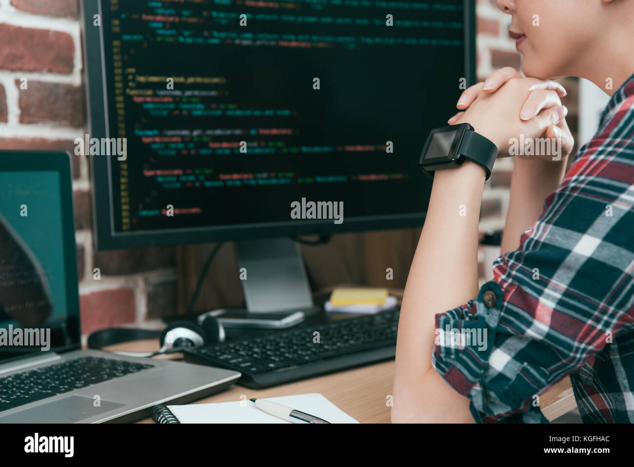 closeup photo of beauty elegant computer engineer wearing smartwatch ...