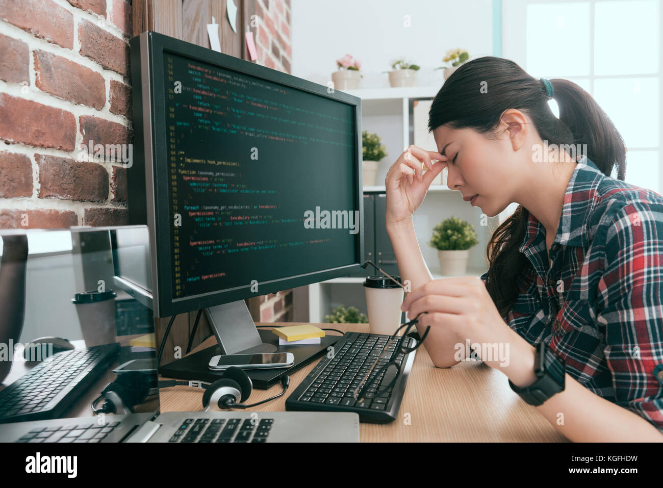 young beautiful woman programmer using computer design new data system ...