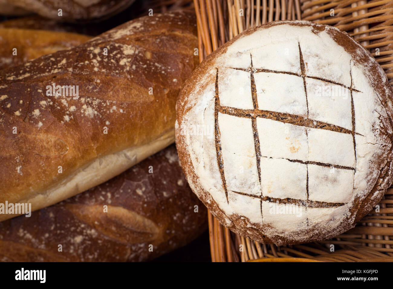 Selection fo various cereal homemade breads on display Stock Photo - Alamy