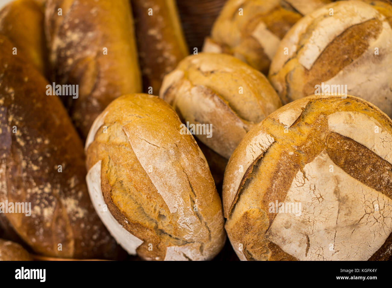Selection fo various cereal homemade breads on display Stock Photo - Alamy