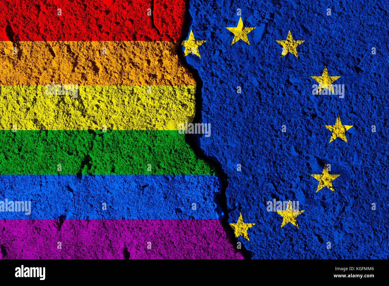 Crack between European union and Gay pride flags. political ...