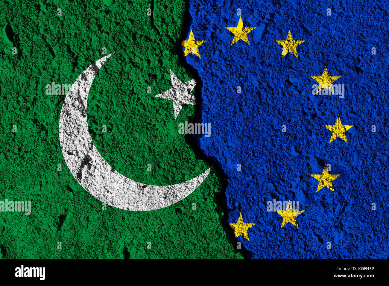 Crack between European union and Pakistan flags. political relationship ...