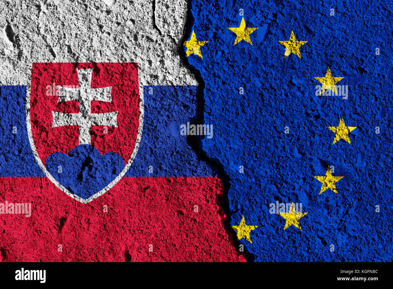Crack between European union and Slovakia flags. political relationship ...