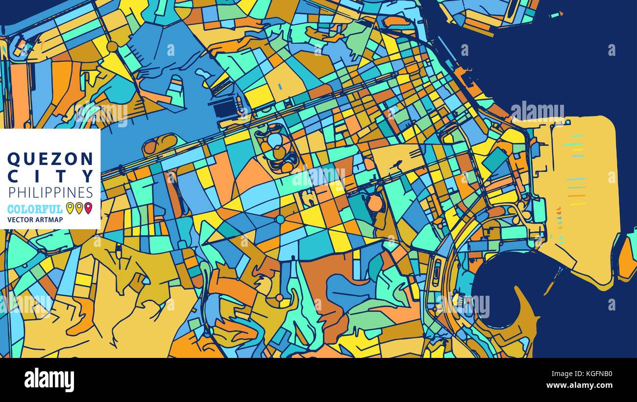 Quezon City, Philippines, Colorful Vector Artmap. Blue-Orange-Yellow ...