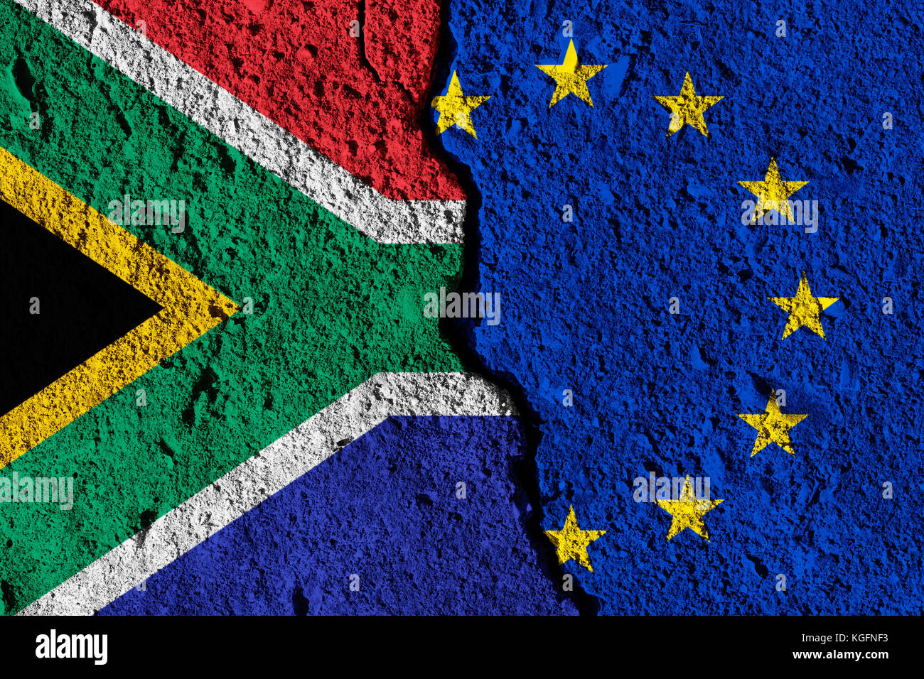 Crack between European union and South Africa flags. political ...