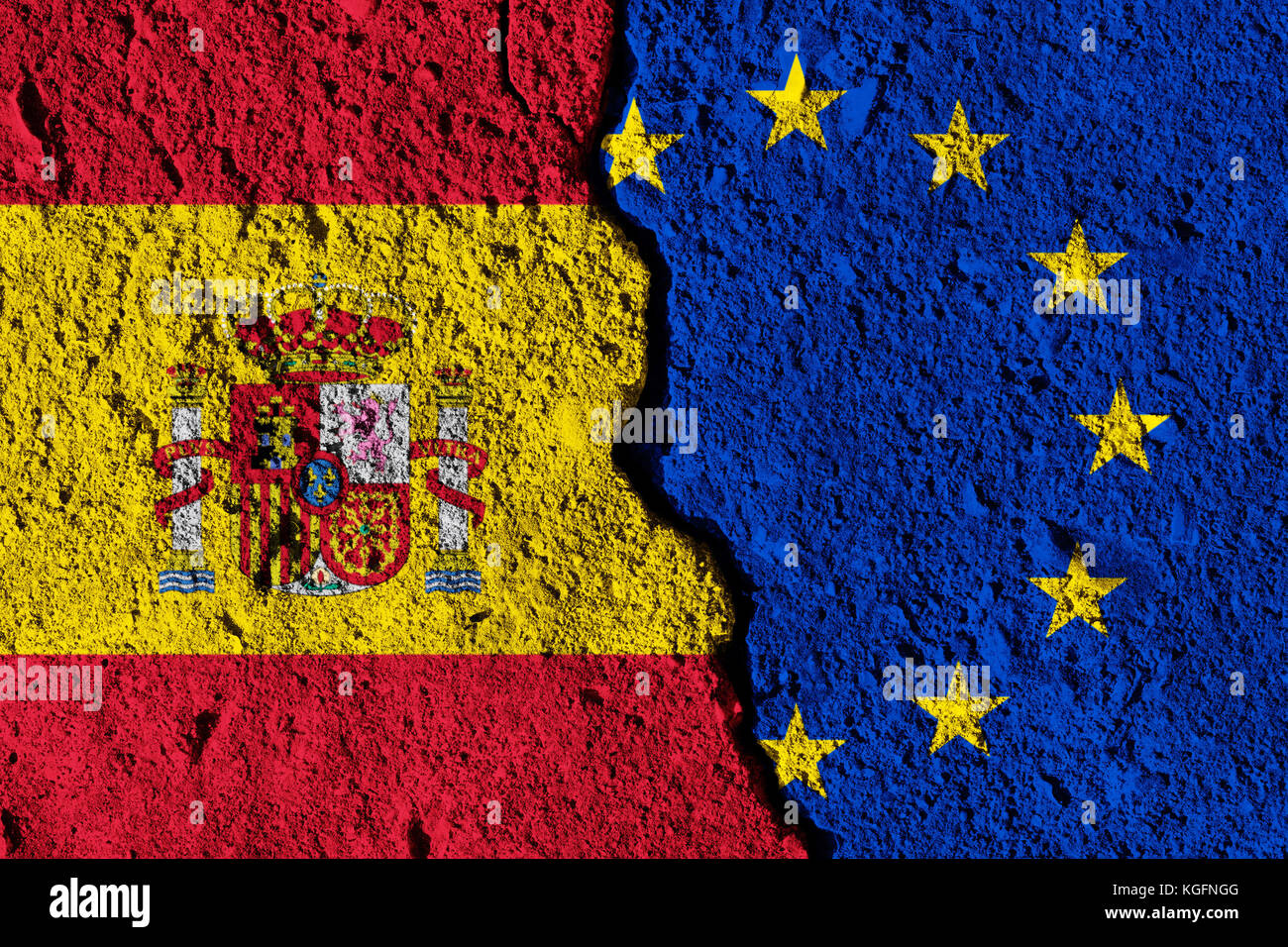 Crack between European union and Spain flags. political relationship ...