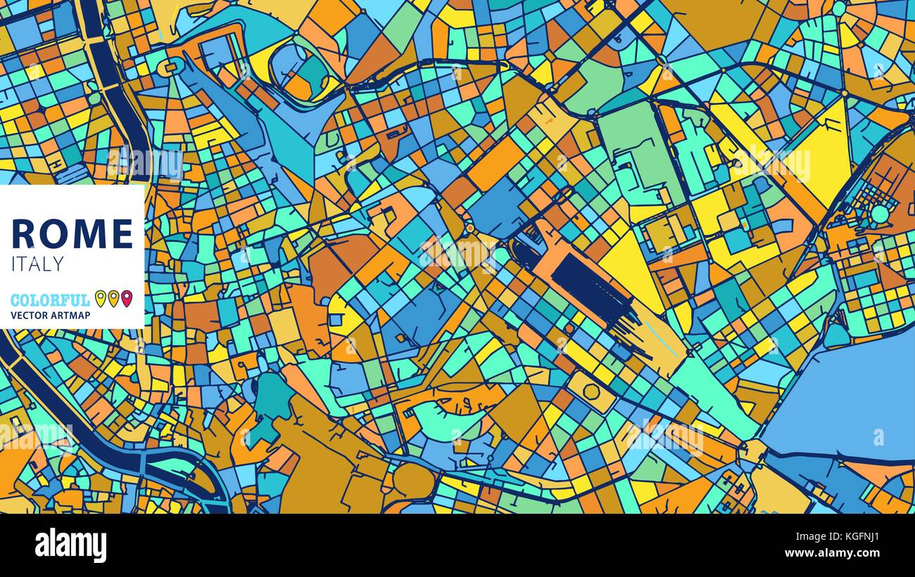 Rome, Italy, Colorful Vector Artmap. Blue-Orange-Yellow Version for ...
