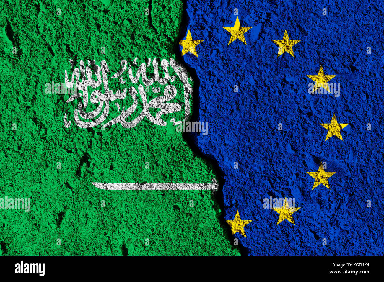 Crack between European union and Saudi Arabia flags. political ...