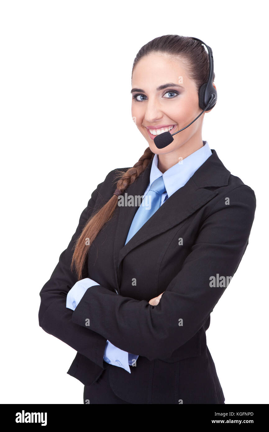 smiling businesswoman with headset, cheerful customer support Stock ...