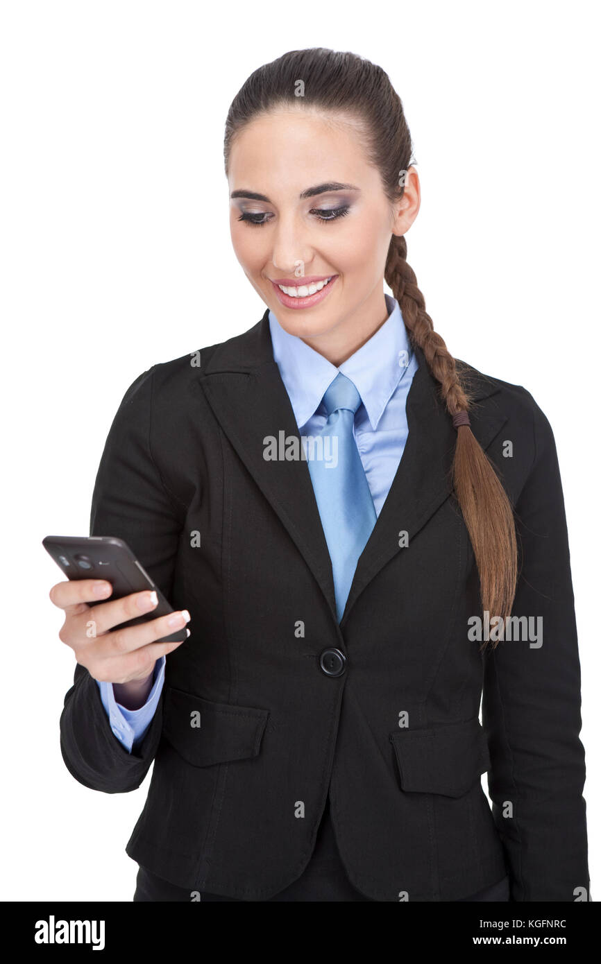busy businesswoman reading text message on smart phone, isolated on ...