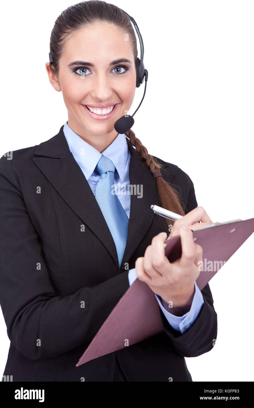 cheerful female operator making note, isolated on white background ...