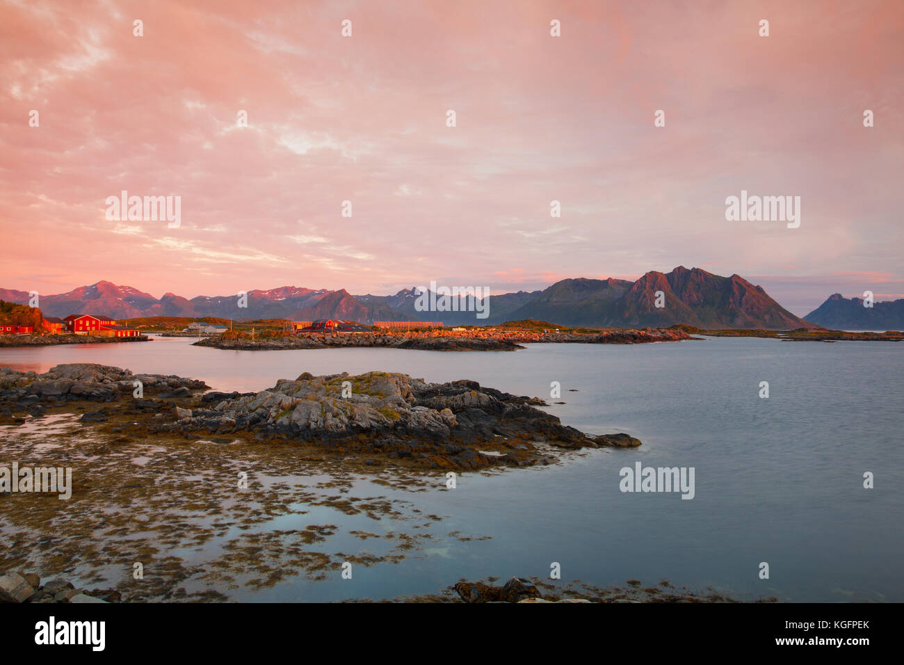 Laukvik city at sunset, Lofoten islands, Nordland, Norway Stock Photo ...