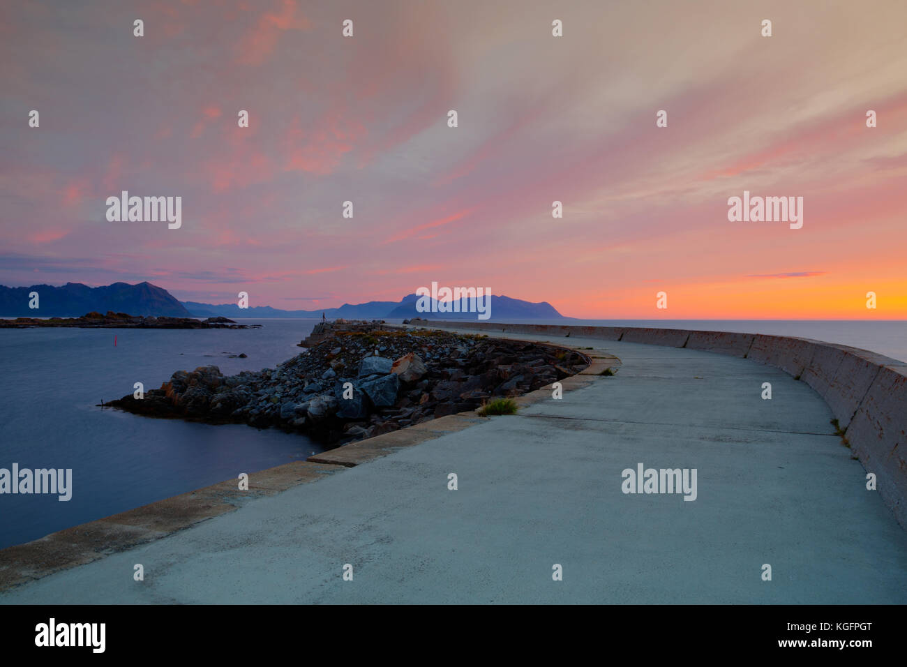 On the pier in Laukvik at sunset, Lofoten islands, Nordland, Norway ...