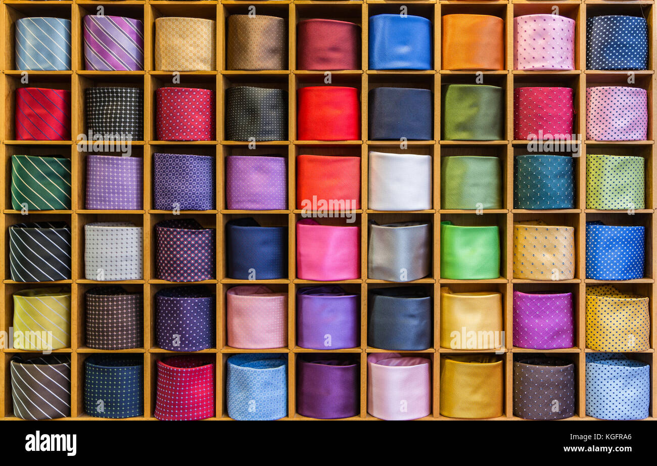 View of different colors ties in the showcase Stock Photo - Alamy