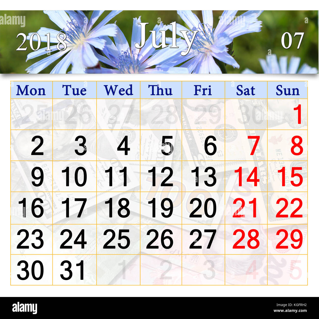 calendar for July 2018 with Cichorium in the summer field Stock Photo ...