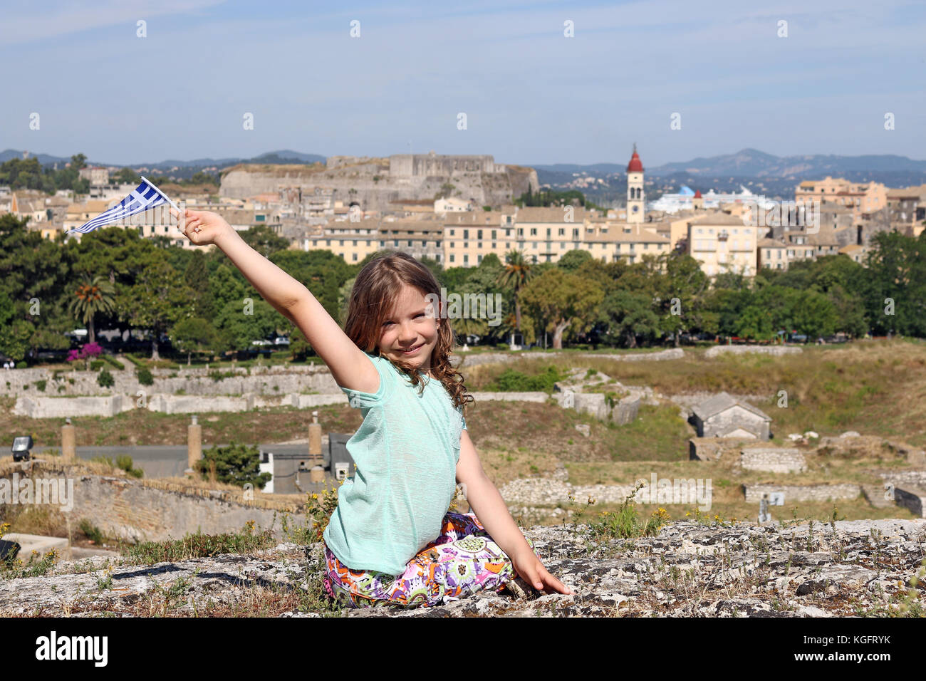 little girl with Greek flag Corfu town Greece Stock Photo - Alamy