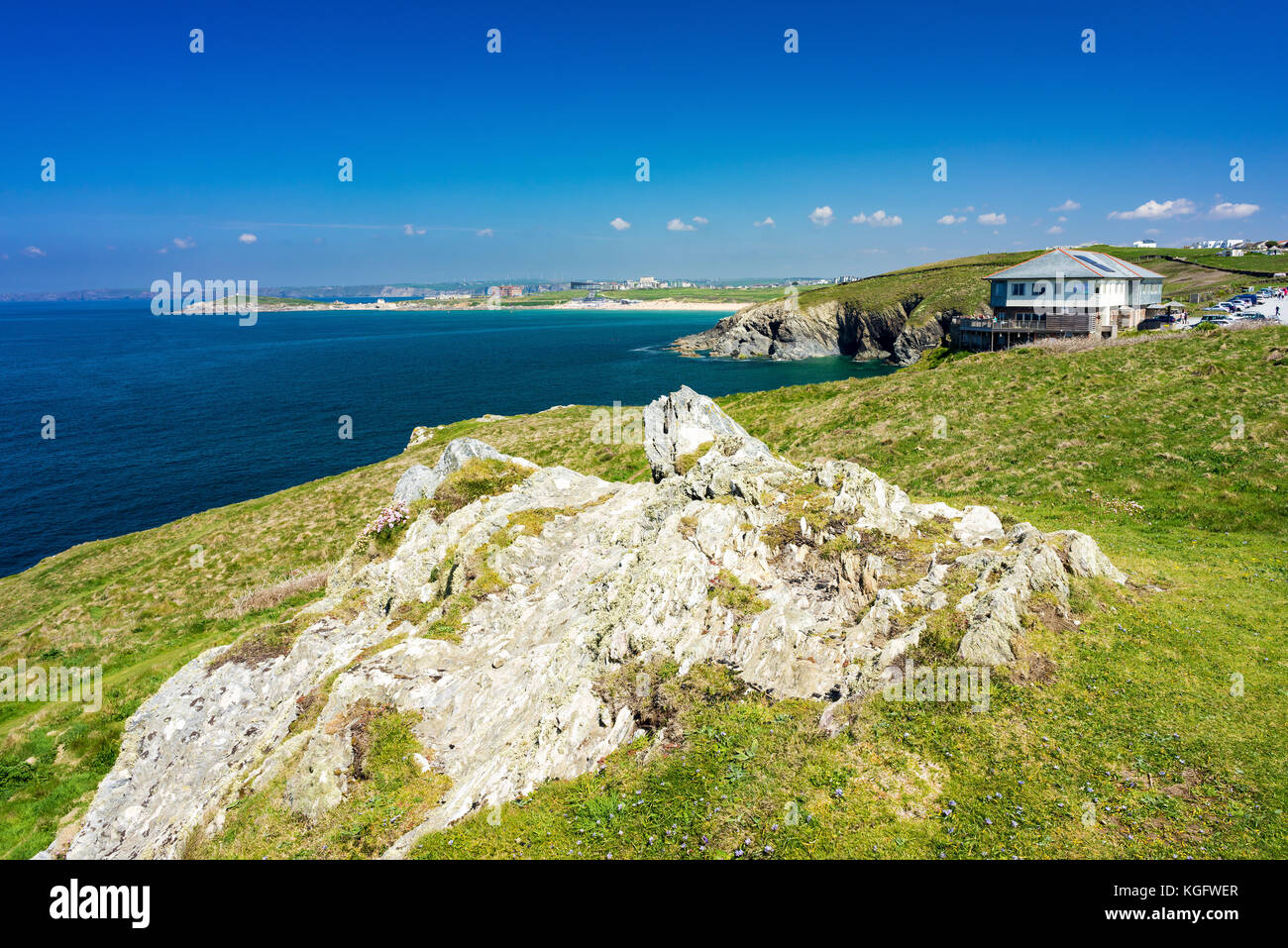 Views towards Fistral beach from East Pentire Newquay Cornwall England ...