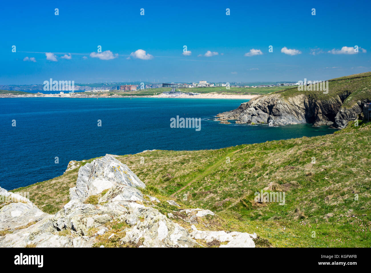 Views towards Fistral beach from East Pentire Newquay Cornwall England ...