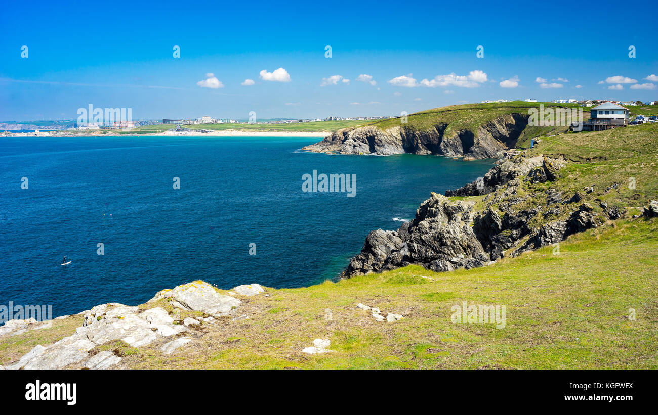 Views towards Fistral beach from East Pentire Newquay Cornwall England ...
