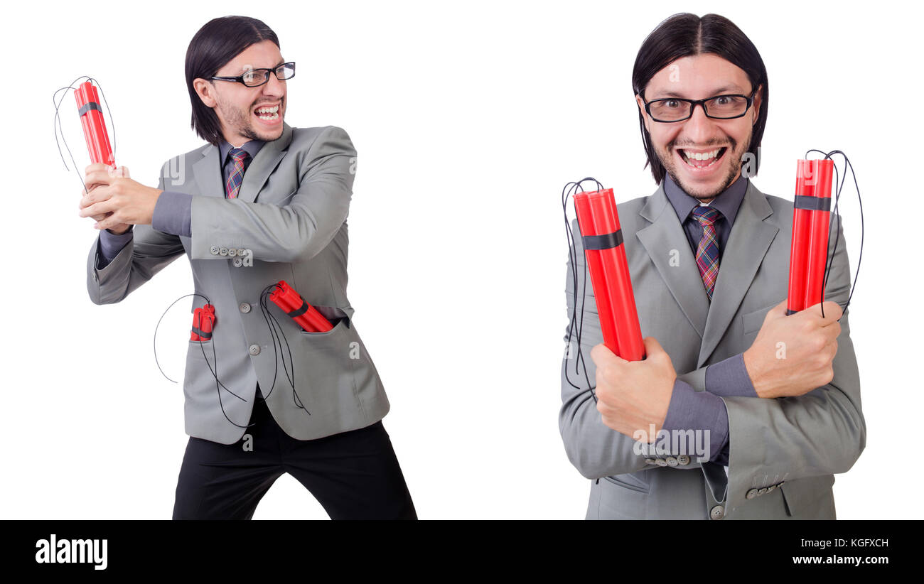 Young businessman holding dynamite isolated on white Stock Photo - Alamy