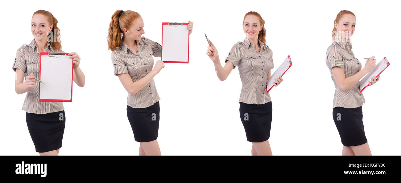 Pretty young employee with paper isolated on white Stock Photo - Alamy
